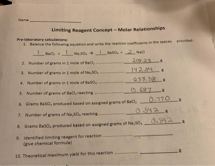Solved Name BaCl2 + Limiting Reagent Concept - Molar | Chegg.com