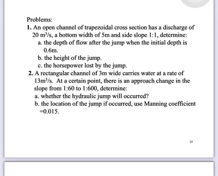 Solved Problems: 1. An open channel of trapezoidal cross | Chegg.com