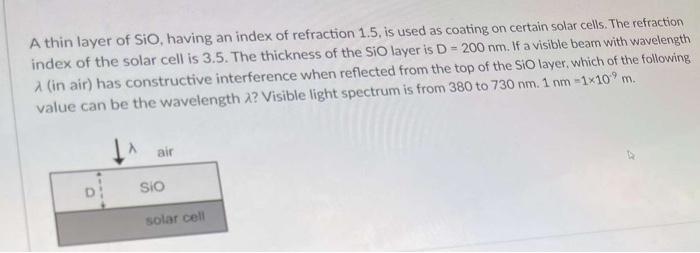 Solved A thin layer of SiO, having an index of refraction | Chegg.com