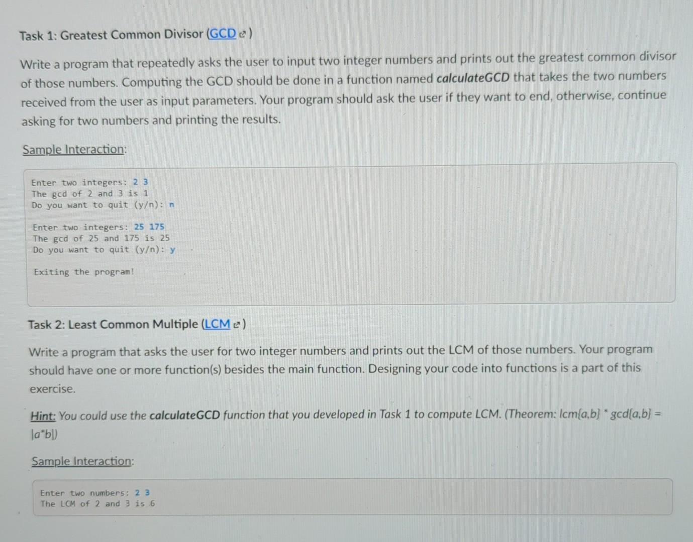 Solved Task 1: Greatest Common Divisor (GCD 2) Write a | Chegg.com