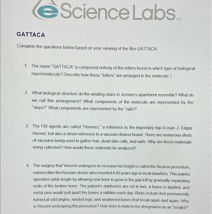 e Science Labs LLC GATTACA Complete the questions | Chegg.com
