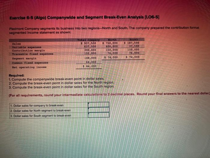 Solved Exercise 6-5 (Algo) Companywide and Segment | Chegg.com
