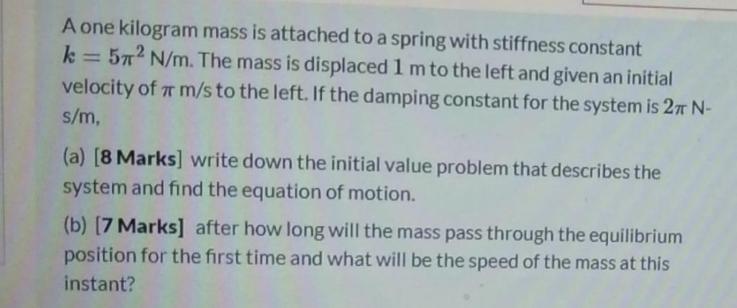 Solved A one kilogram mass is attached to a spring with | Chegg.com