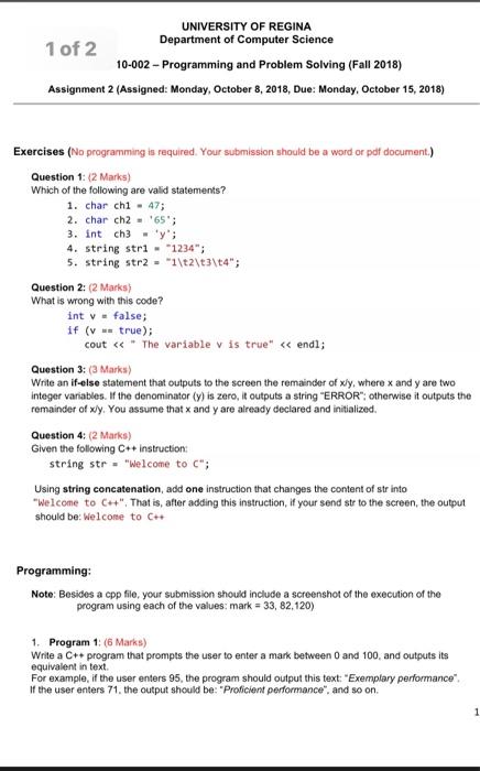 Solved UNIVERSITY OF REGINA Department of Computer Science 1 | Chegg.com