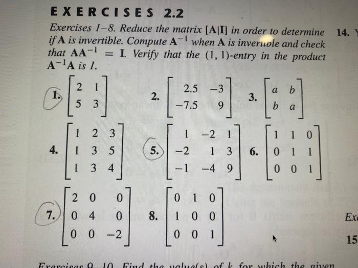 Solved Exercises I-8. Reduce the matrix [A∣I] in order to | Chegg.com