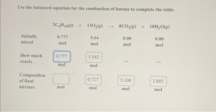 Solved Use the balanced equation for the combustion of | Chegg.com