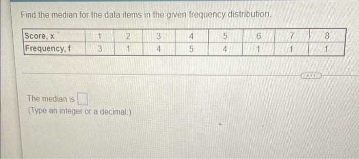 Solved Find the median for the data items in the given | Chegg.com