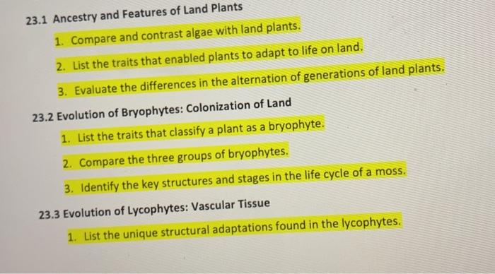Solved 23.1 Ancestry and Features of Land Plants 1. Compare | Chegg.com