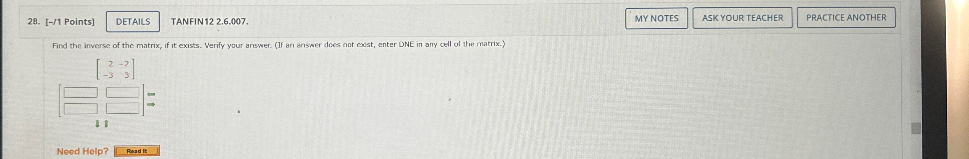 Solved Problem 28 ﻿Find the inverse of the matrix, if it | Chegg.com