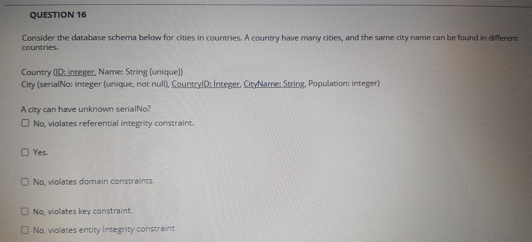 Solved QUESTION 16 Consider the database schema below for | Chegg.com