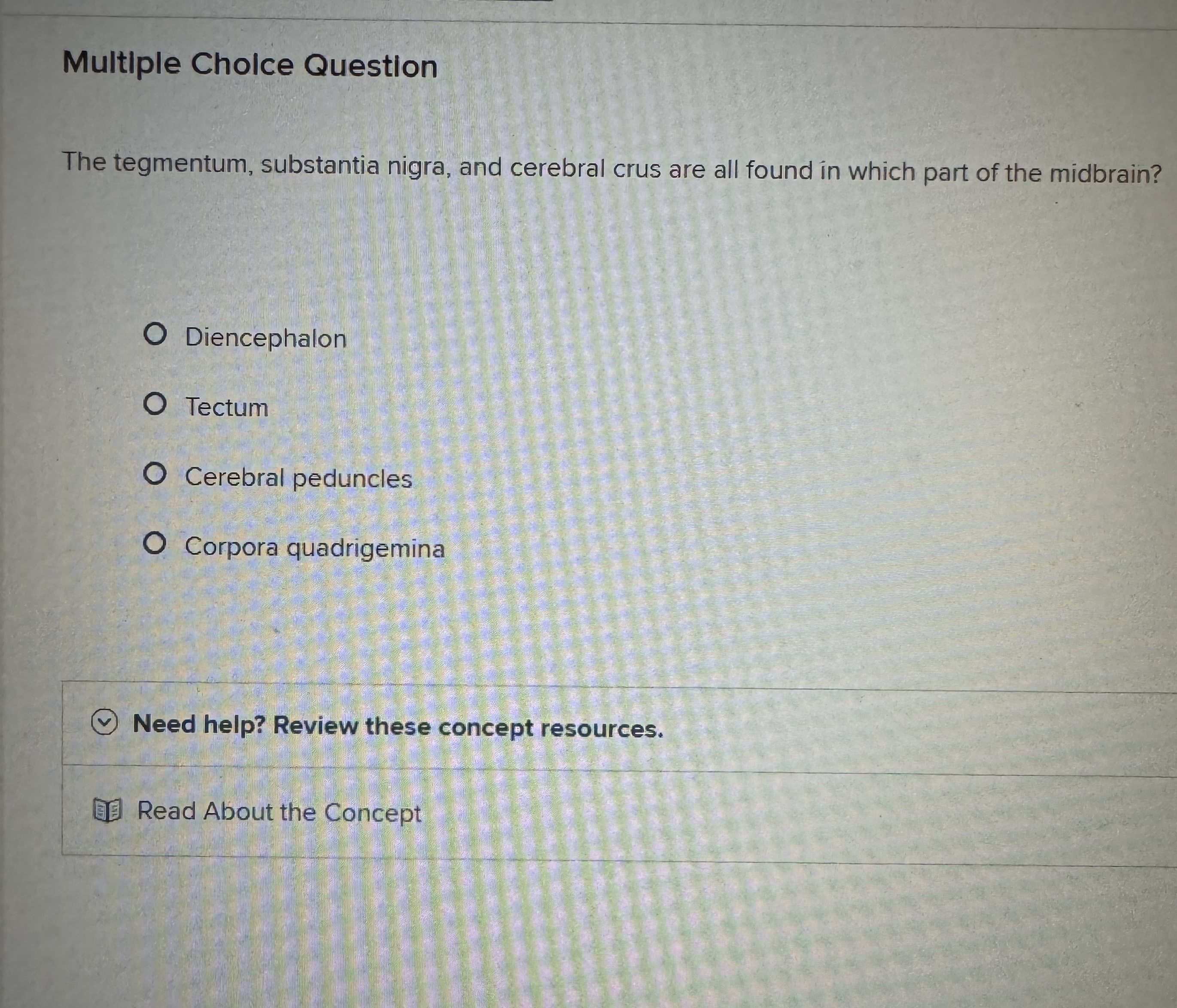 Solved Multiple Cholce QuestionThe tegmentum, substantia | Chegg.com Solved Multiple Cholce QuestionThe tegmentum, substantia | Chegg.com