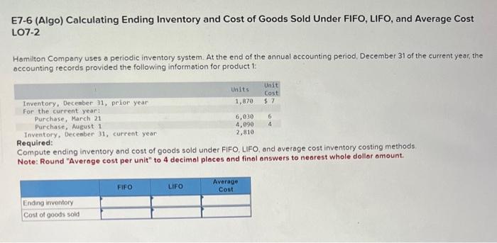 Solved E7-6 (Algo) Calculating Ending Inventory and Cost of | Chegg.com