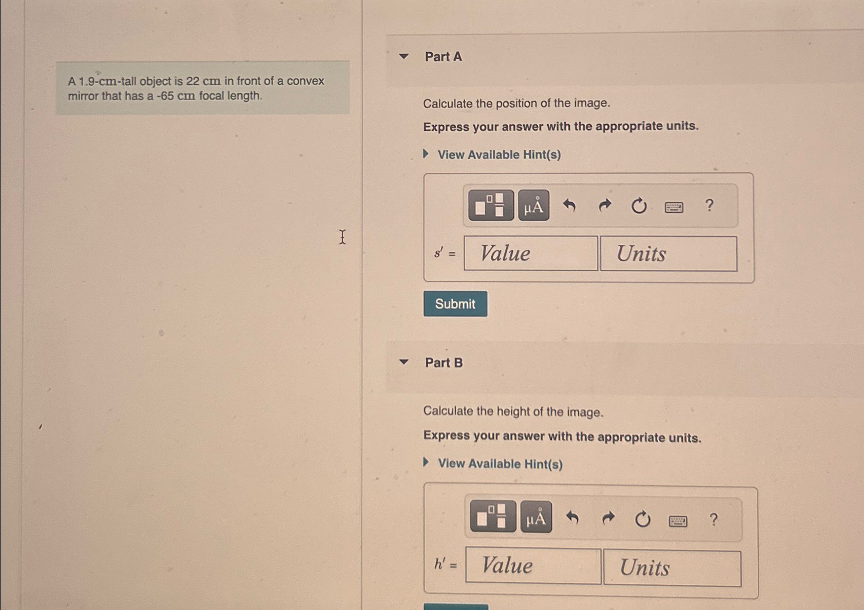 Solved A 1.9-cm-tall object is 22cm ﻿in front of a convex | Chegg.com