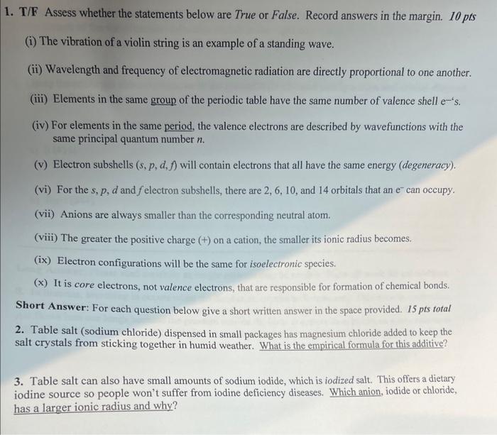 Solved T/F Assess whether the statements below are True or | Chegg.com