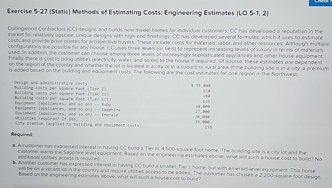 Solved Exercise 5-27 (Static) ﻿Methods of Estimating Costs: | Chegg.com