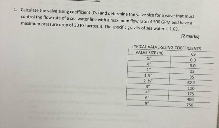 Solved 1. Calculate the valve sizing coefficient (Cv) and | Chegg.com