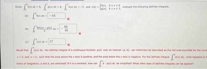 Solved Given ∫35f(x)dx=5,∫57g(x)dx=4,∫57h(x)dx=−7, and | Chegg.com