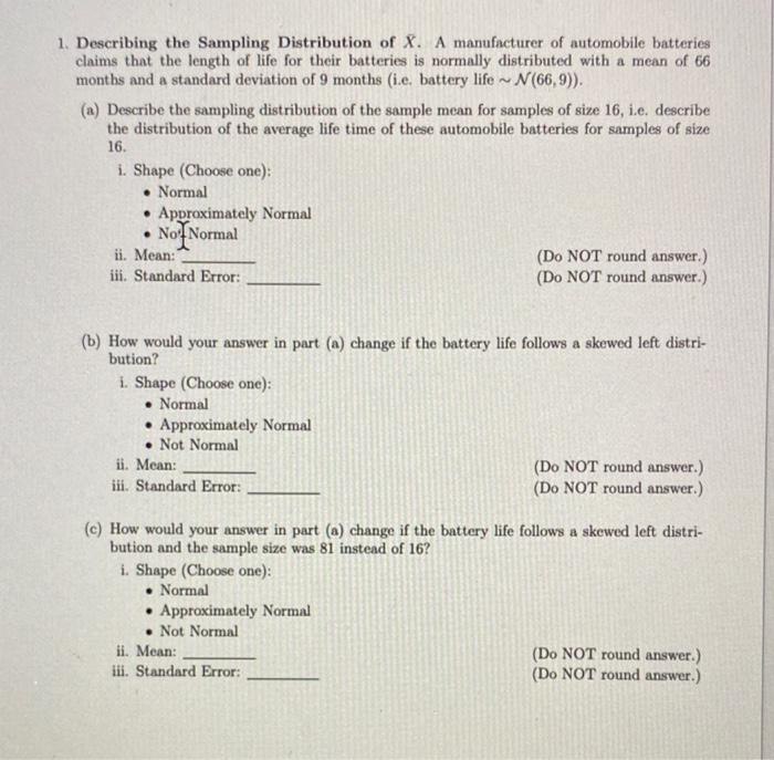 Solved 1. Describing the Sampling Distribution of Xˉ. A | Chegg.com