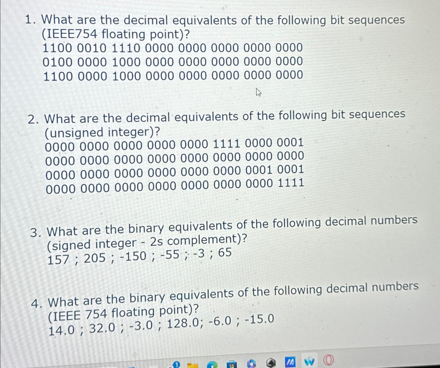 Solved What are the decimal equivalents of the following bit | Chegg.com