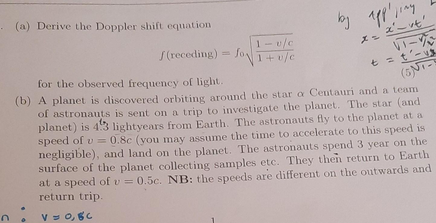 (a) Derive the Doppler shift equation f( receding | Chegg.com