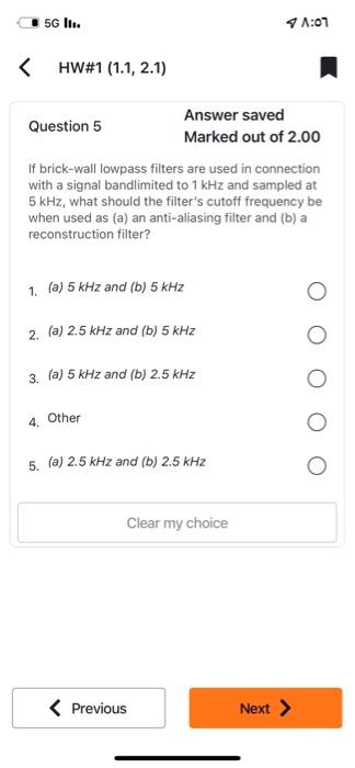Solved Marked out of 1.00 To avoid the aliasing problem, a | Chegg.com