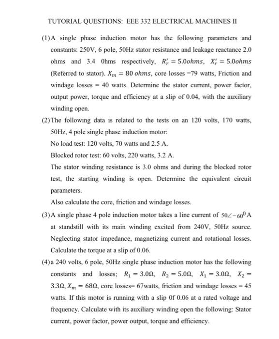 Solved TUTORIAL QUESTIONS: EEE 332 ELECTRICAL MACHINES II | Chegg.com