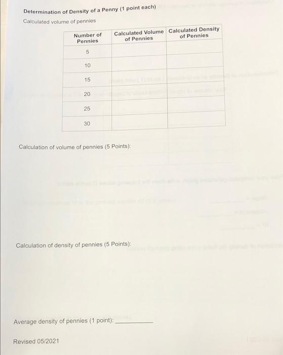 Determination of Density of a Penny (1 point each) | Chegg.com