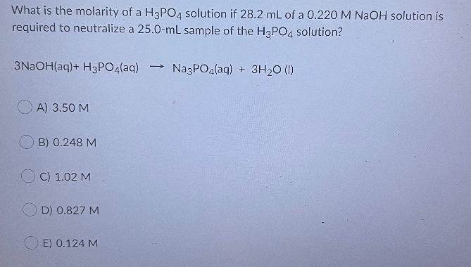 Solved What is the molarity of a H3PO4 solution if 28.2 mL | Chegg.com