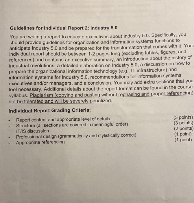 Solved Guidelines for Individual Report 2: Industry 5.0 You | Chegg.com