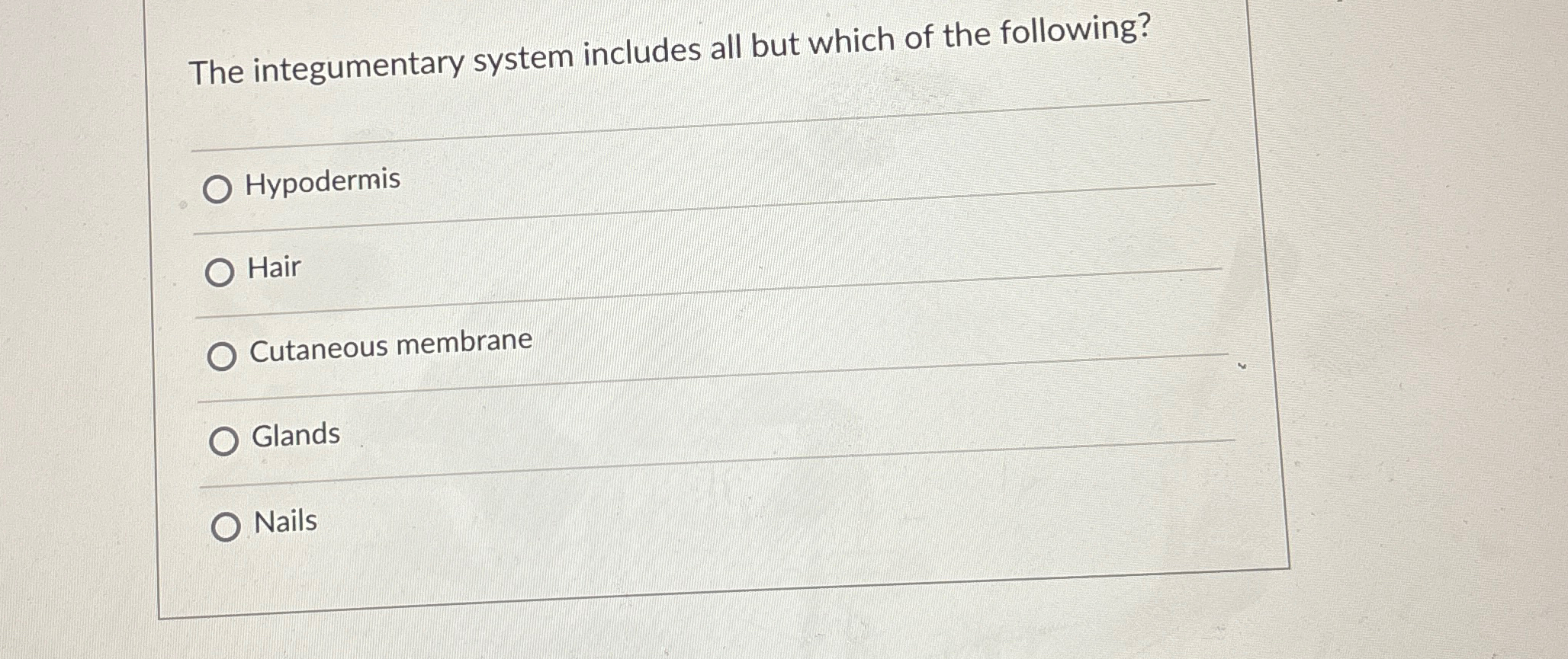 Solved The integumentary system includes all but which of | Chegg.com
