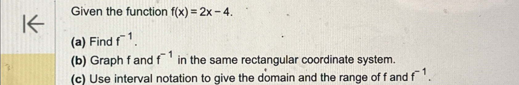 Solved Given the function f(x)=2x-4(a) ﻿Find f-1.(b) ﻿Graph | Chegg.com