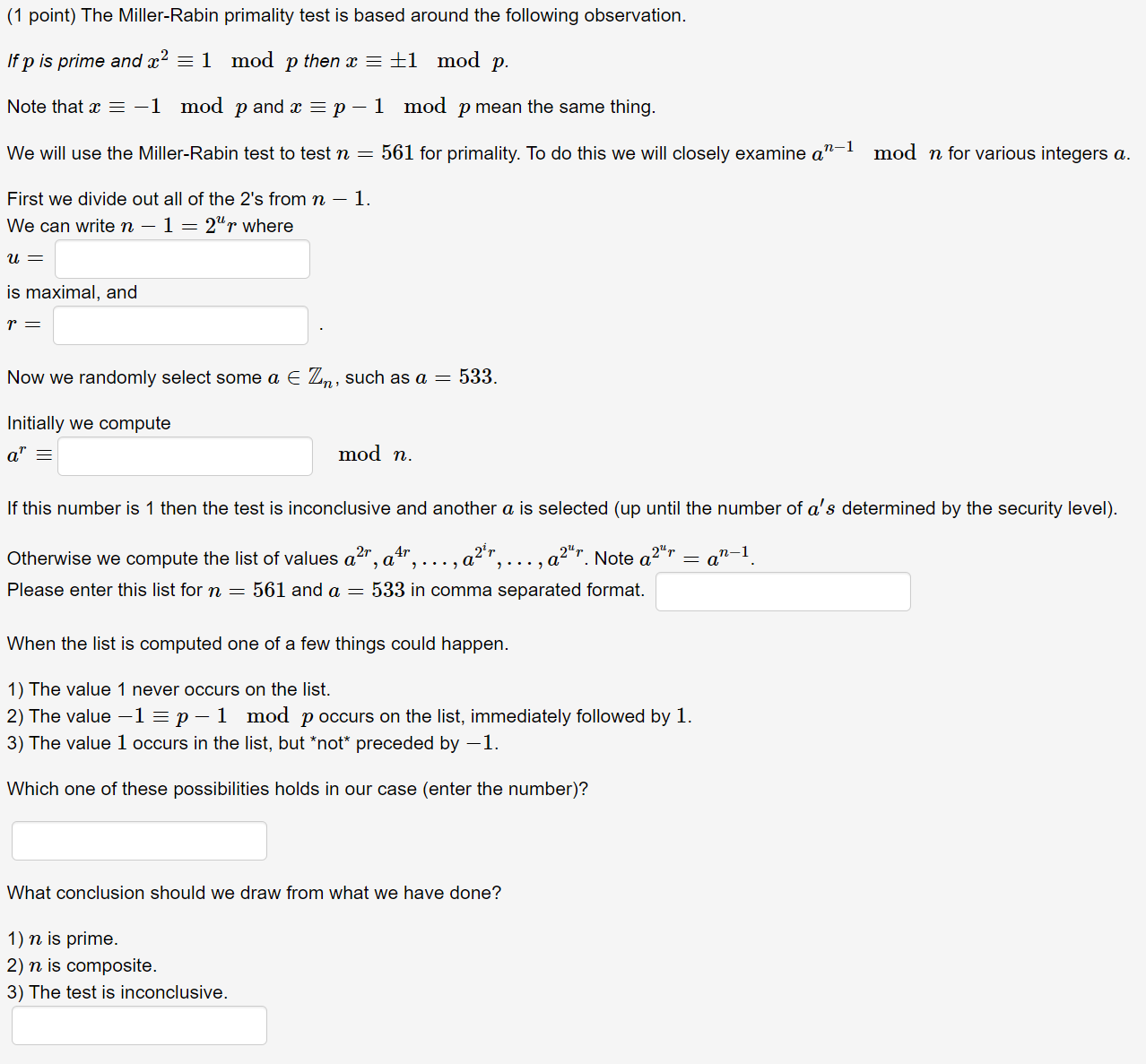 Solved (1 ﻿point) ﻿The Miller-Rabin primality test is based | Chegg.com