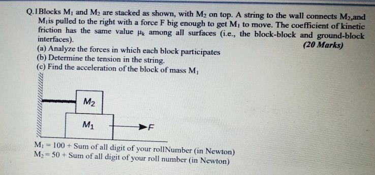 Solved Q.1 Blocks M, and M2 are stacked as shown, with M2 on | Chegg.com