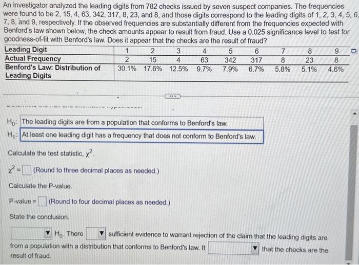 Solved An investigator analyzed the leading digits from 782 | Chegg.com