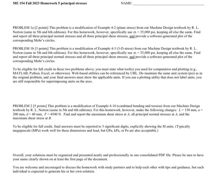 ME 154 Fall 2023 Homework 5 principal stresses NAME: | Chegg.com