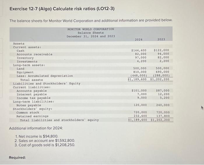 Solved Exercise 12-7 (Algo) Calculate risk ratios (LO12-3) | Chegg.com