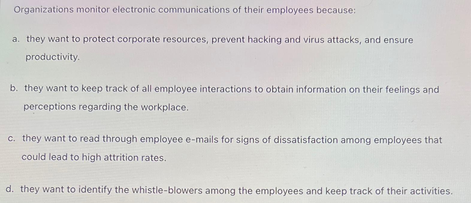 Solved Organizations monitor electronic communications of | Chegg.com