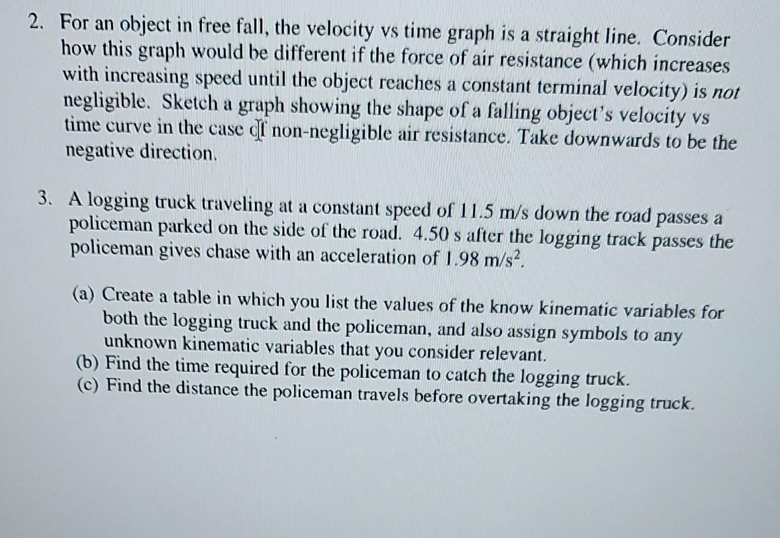 Solved 2. For an object in free fall, the velocity vs time | Chegg.com