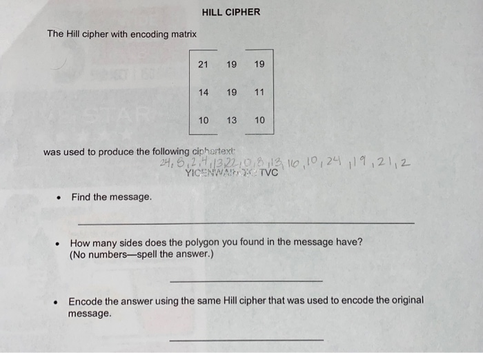 Solved HILL CIPHER The Hill cipher with encoding matrix 21 | Chegg.com