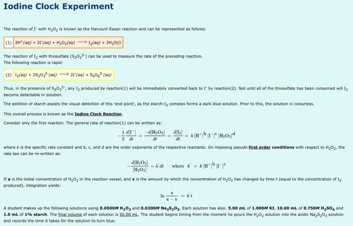 Solved Iodine Clock Experiment The reaction of I−with H2O2 | Chegg.com
