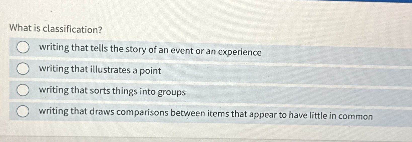 Solved What is classification?writing that tells the story | Chegg.com