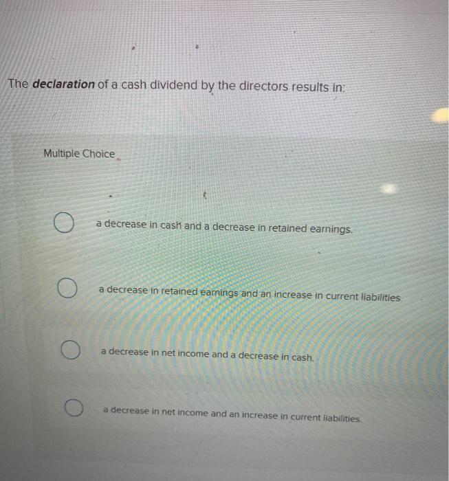 Solved The declaration of a cash dividend by the directors | Chegg.com