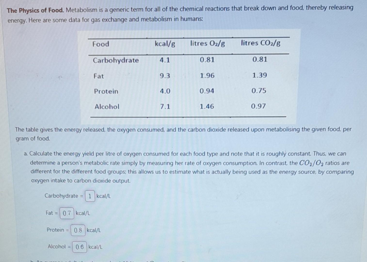 Solved The Physics of Food. Metabolism is a generic term for | Chegg.com