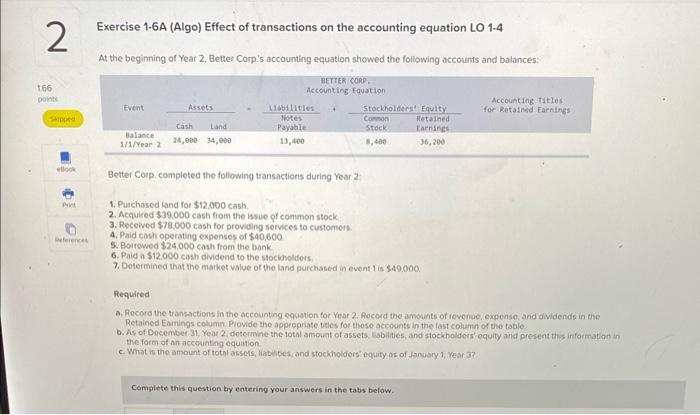 Solved Exercise 1.6A (Algo) Effect of transactions on the | Chegg.com
