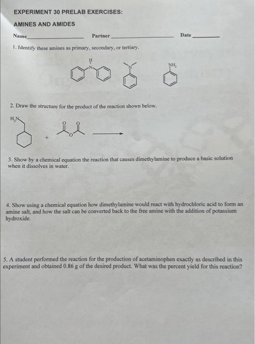 Solved EXPERIMENT 30 PRELAB EXERCISES: AMINES AND AMIDES | Chegg.com