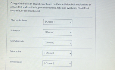 Solved Categorize the list of drugs below based on their | Chegg.com