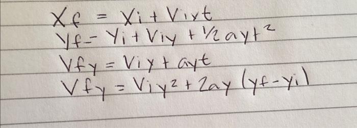 Solved Xf=Xi+ViytYf−Yi+Viy+1/2ayt2Vfy=Viy+aytVfy=Viy2+2ay(yf | Chegg.com