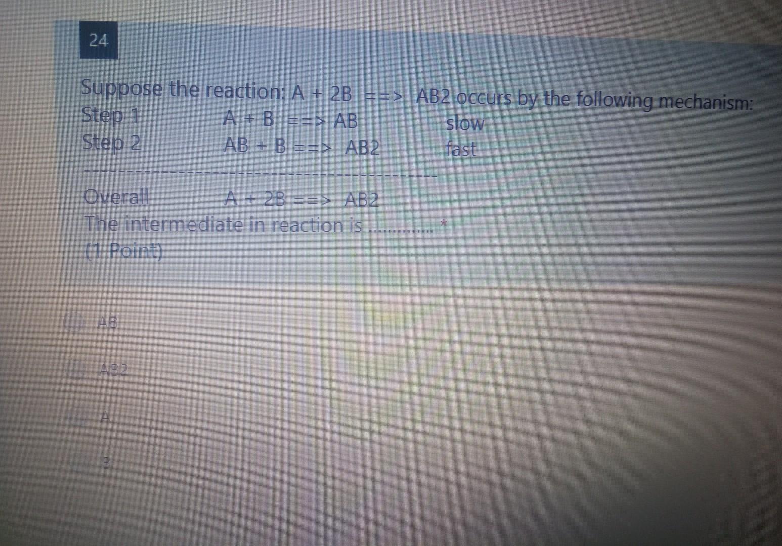 Solved Suppose the reaction: A + 2B ==> AB2 occurs by the | Chegg.com