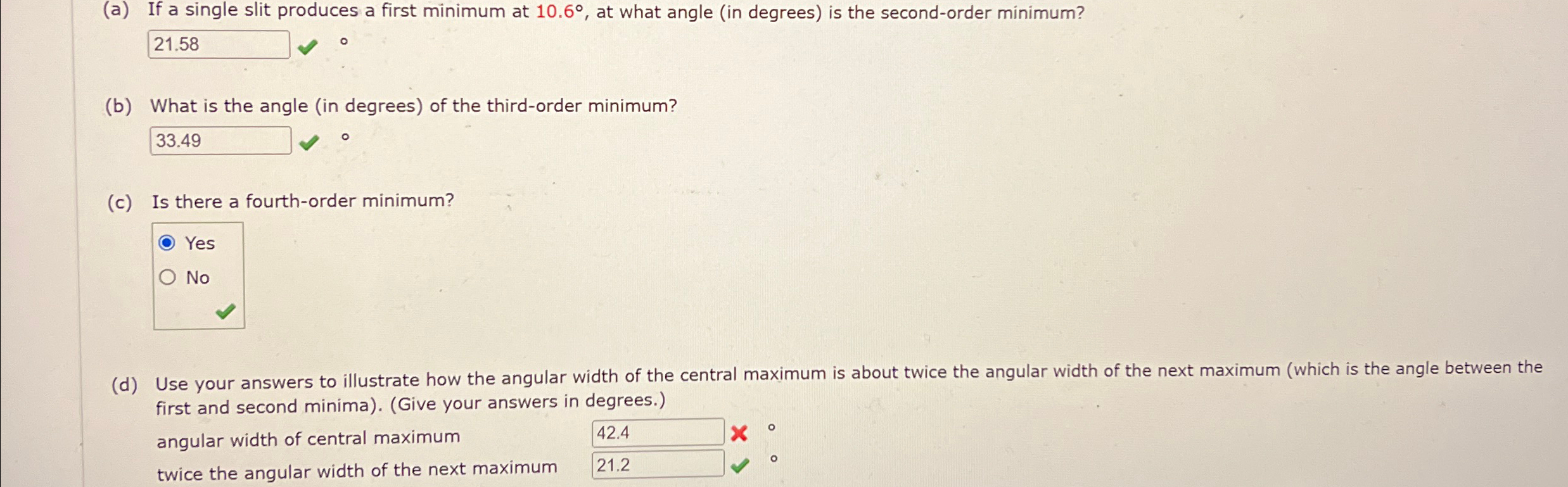 Solved (a) ﻿If a single slit produces a first minimum at | Chegg.com