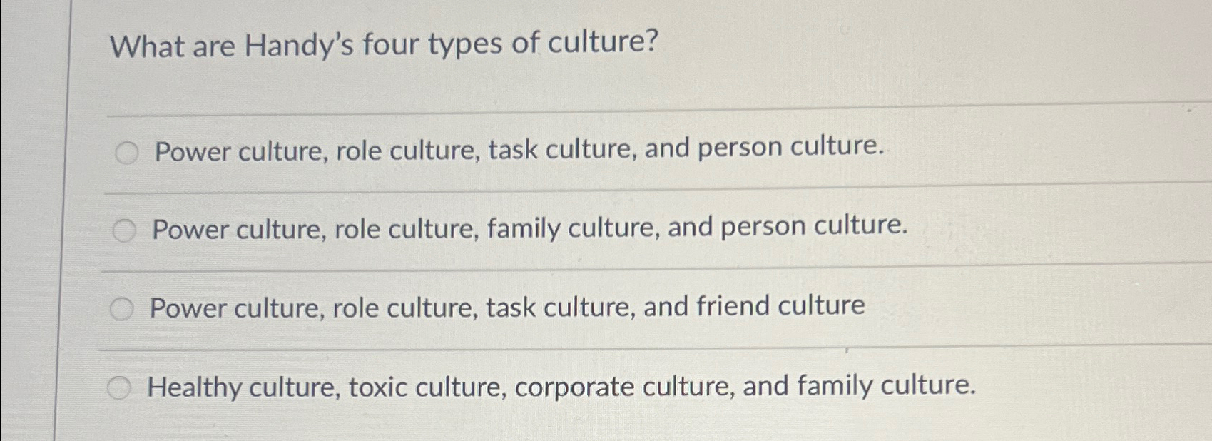 Solved What are Handy's four types of culture?Power culture, | Chegg.com